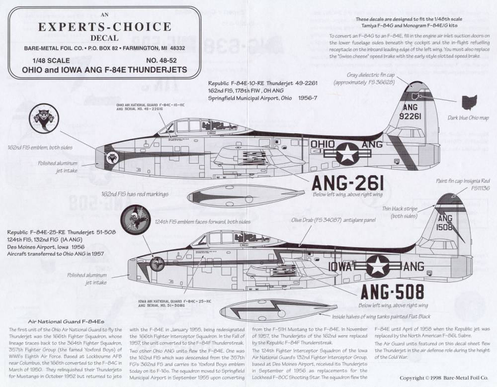 Republic F-84 E/G Air National Guard (4 schemes) Experts-Choice Decal 4852