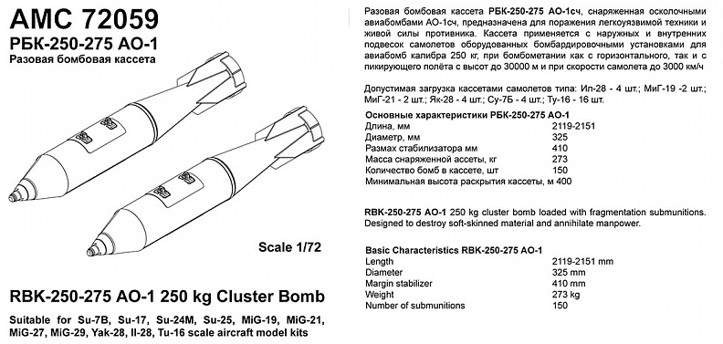 RBK-250-275 AO-1 250 kg Cluster Bomb loaded with Fragmentation ...