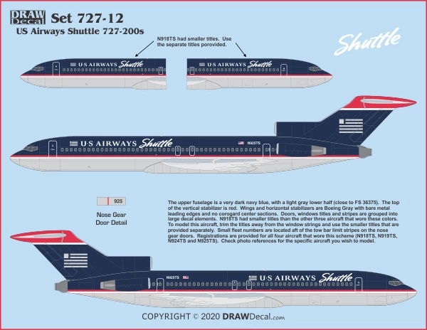 Boeing 727-200 - US Air Shuttle Draw Decal -20-727-12