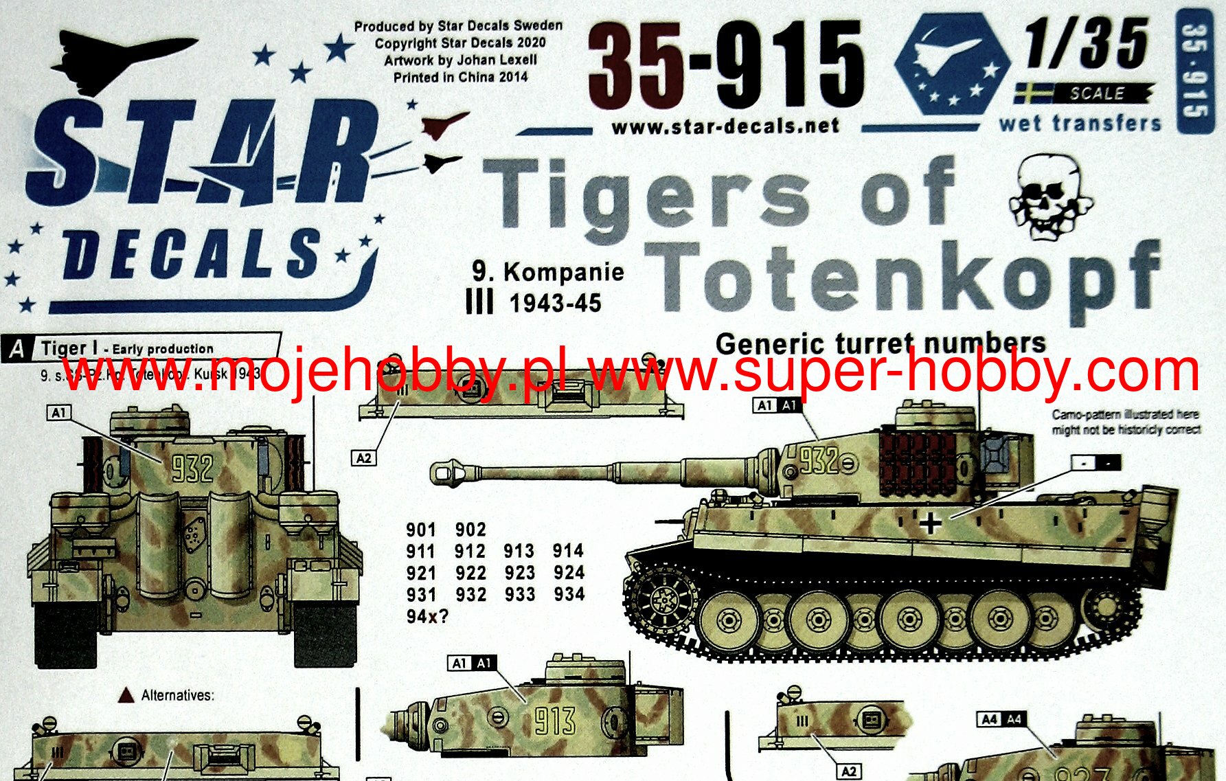Tigers of SS-Totenkopf. Generic numbers 1943-45. Star-Decals -35-915