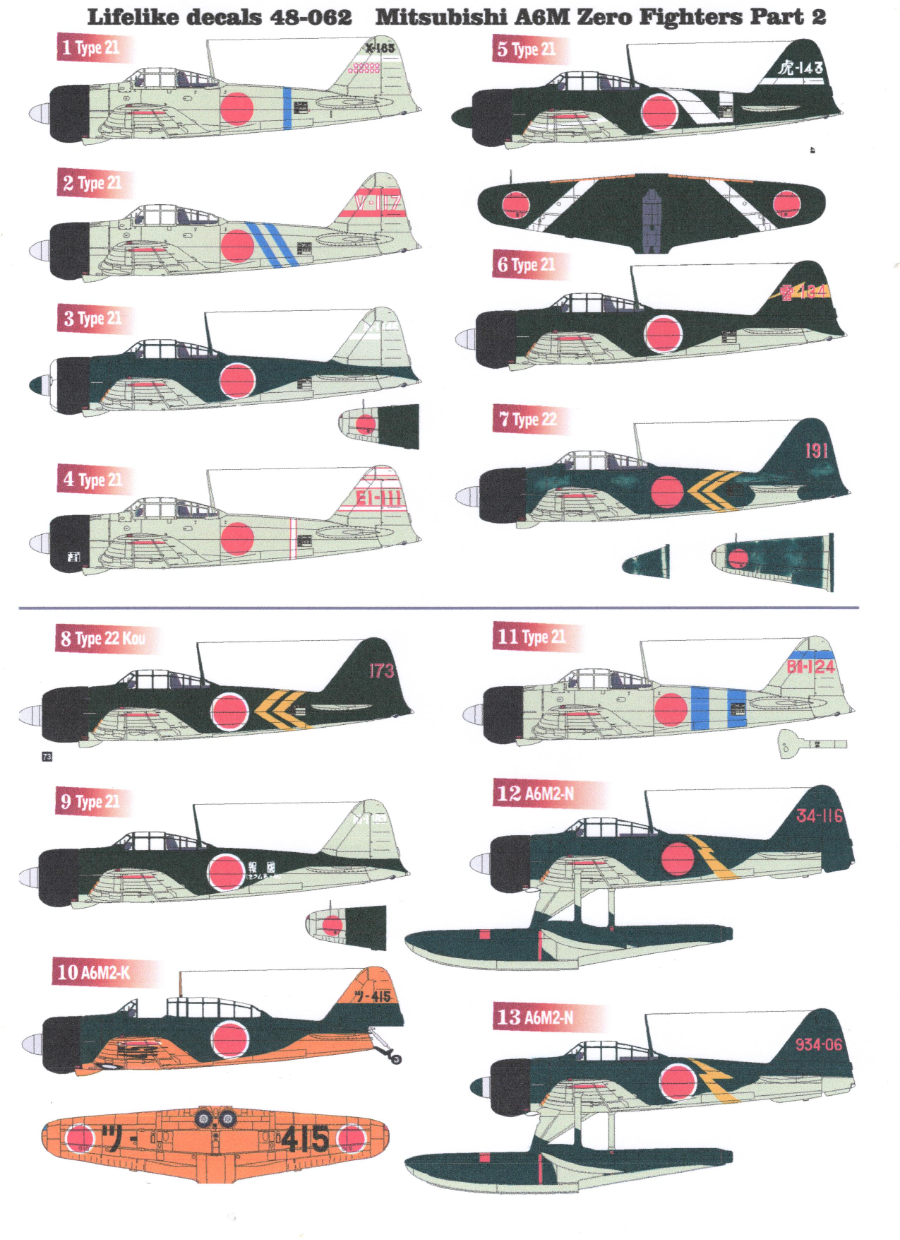 Mitsubishi A6M Zero - Part 2 (13 schemes) Lifelike Decals 48062