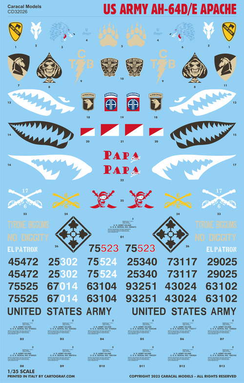 US Army Boeing/Hughes AH-64 D/E Apache (13 schemes) Caracal Models -32026