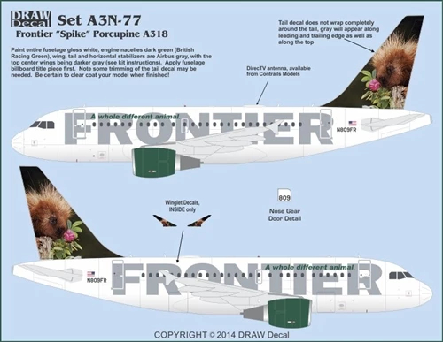 Airbus A318 - Frontier "Spike" Porcupine Draw Decal -20-A3N-77