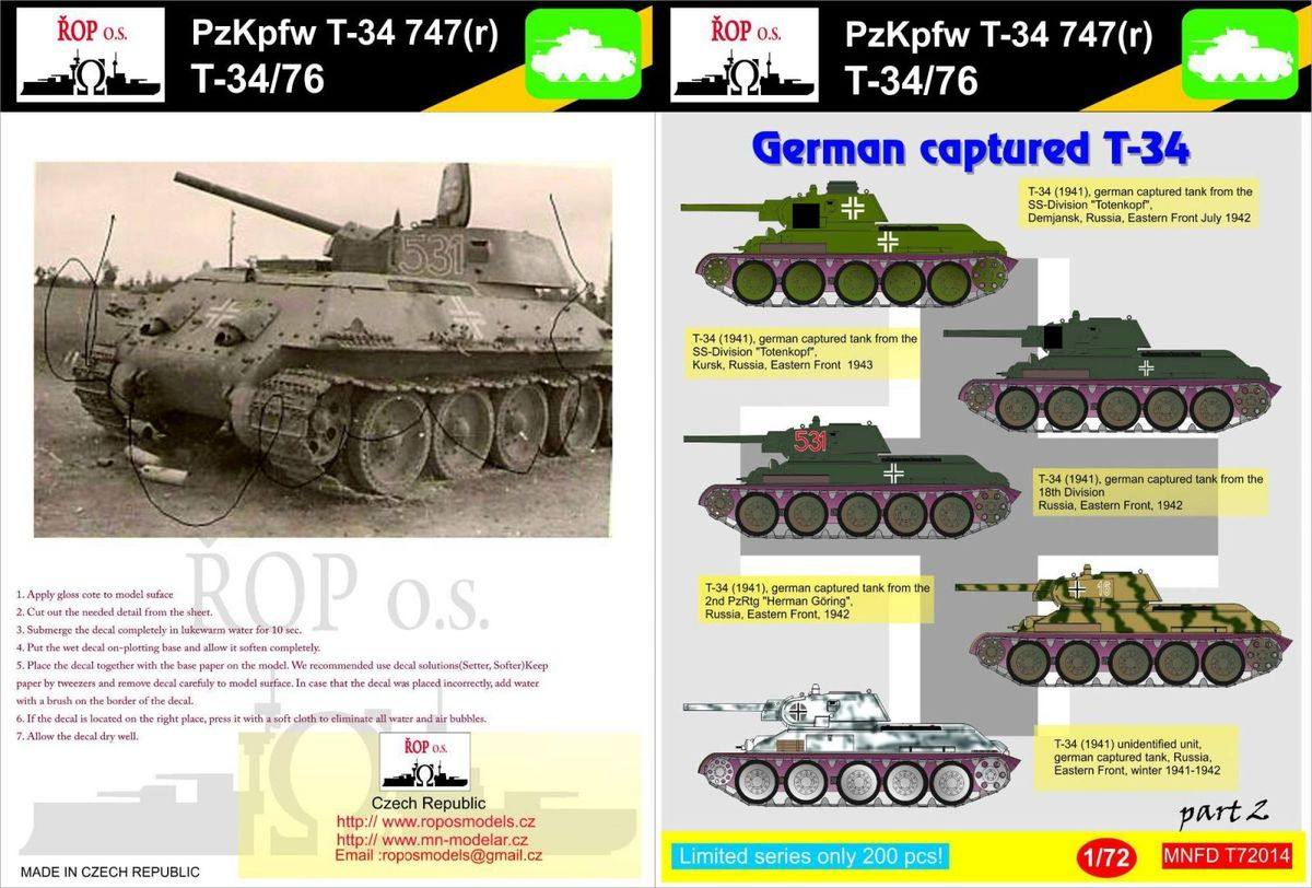 PzKpfw T-34 747(r) T34/76 - German captured T-34 Ropos Models -MNFDT72014