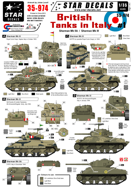 British Tanks in Italy. Sherman Mk IIA and Mk III. Star-Decals -35-974