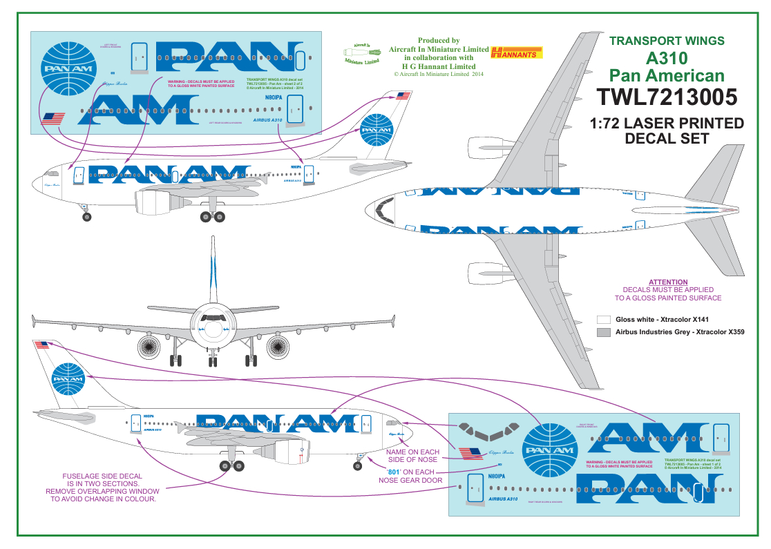 Airbus A310 - Pan Am Decal Set Aircraft In Miniature Ltd -TWL7213005