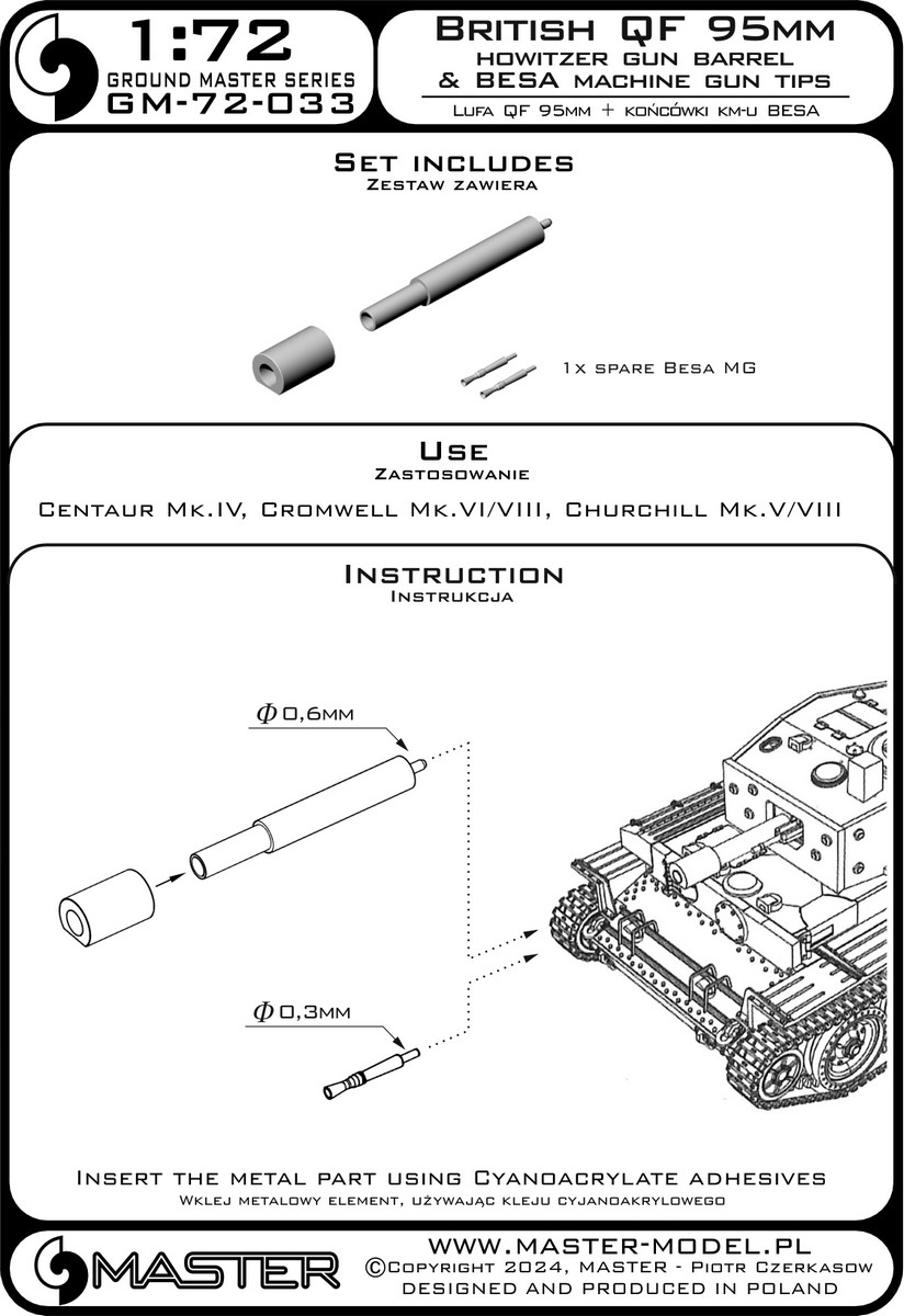 1:72 British QF 95mm howitzer gun barrel + Besa MG tips - for Centaur ...