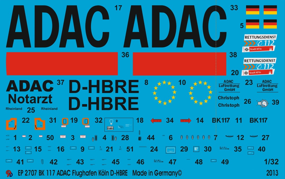 BK 117 ADAC Rescue Helicopter Köln Airport D-HBRE Peddinghaus-Decals 2707